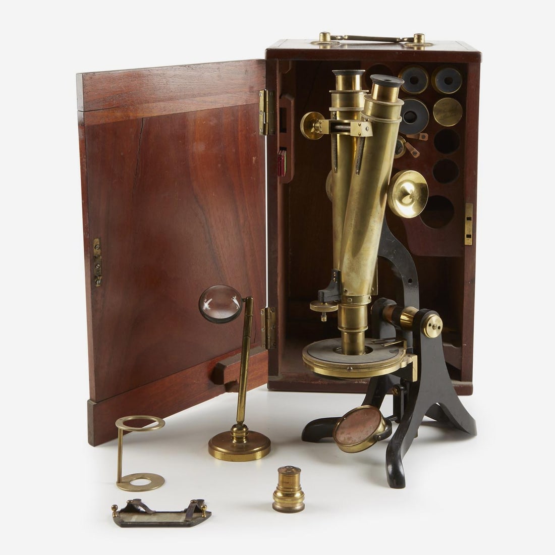 A Brass Binocular Microscope With Mahogany Traveling Chest Henry Crouch ...