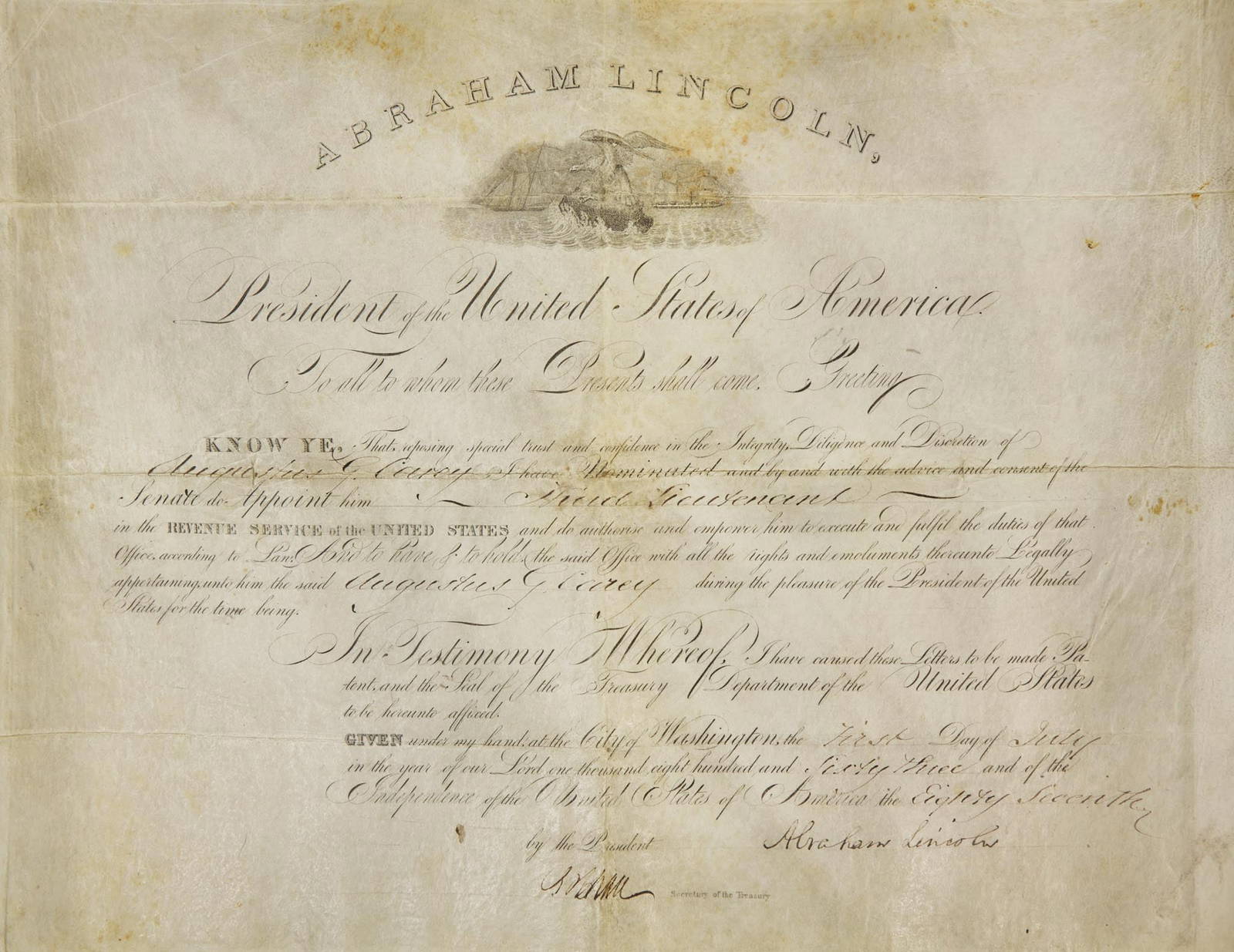[presidential] Lincoln, Abraham: Signed Revenue Service Commission Auction