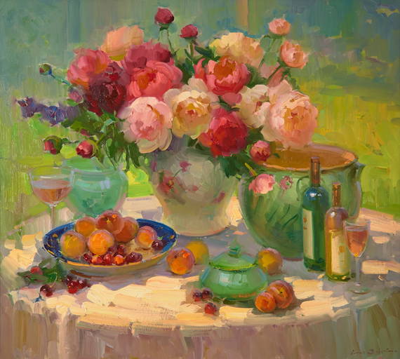 Ovanes Berberian (russian, B. 1951) Outdoor Still Life With Roses And ...