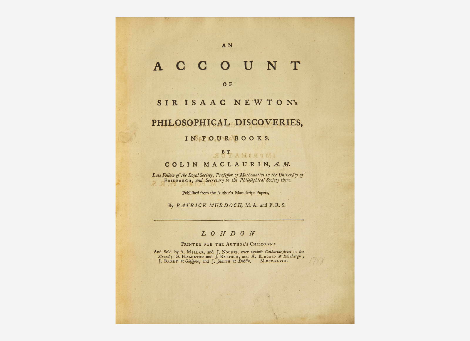 [science, Medicine & Mathematics] [newton, Isaac] Maclaurin, Colin: An ...