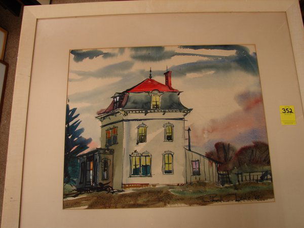 352: Richard C. Lewis, watercolor of house, signed lowe
