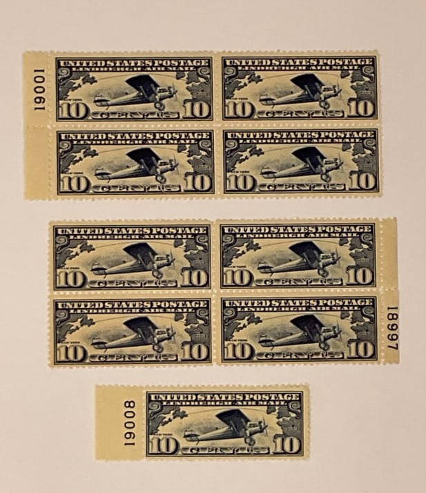 1927 Usa Airmail 10c C10 Stamps (2) Plate Blocks Of 4 And Single Stamp ...