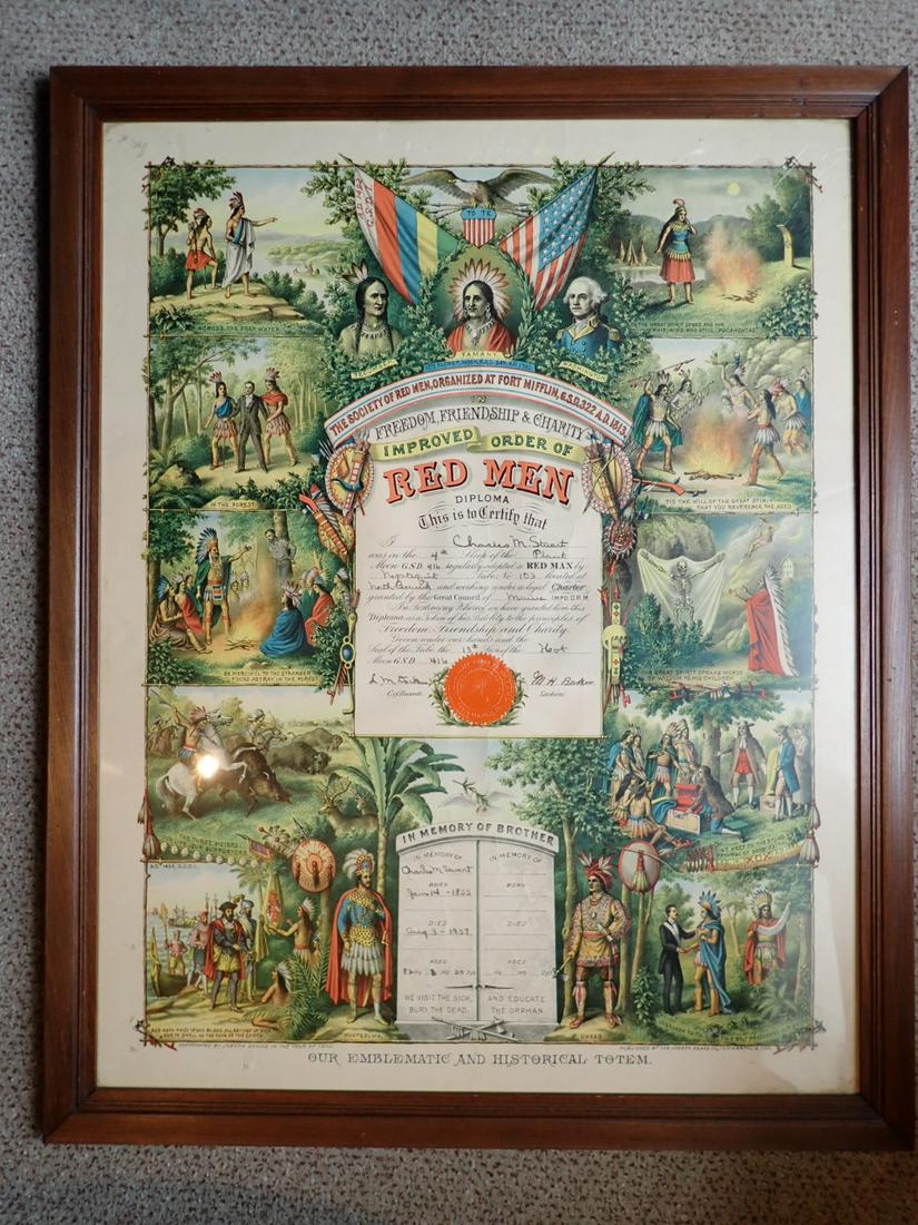 Fraternal Group Certificate Improved Order Of Red Men Litho