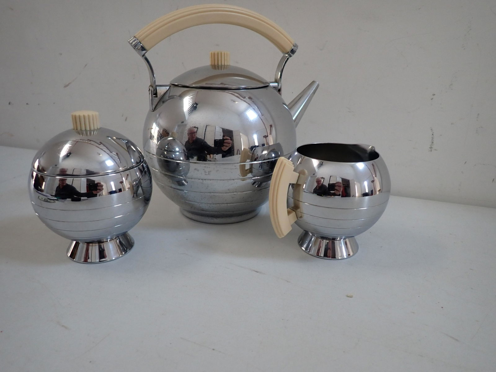 Art Deco Chase Chrome And Bakelite Teapot, Creamer And Sugar