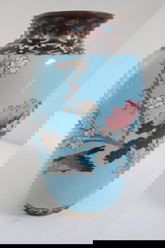 8"cloisonne Vase, Light Blue Flower Vase With Bird And Butterfly