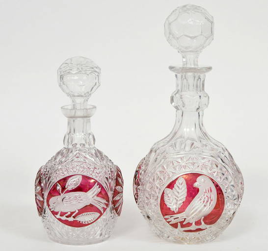 2 Hofbauer Byrdes Red Bird Crystal Decanters