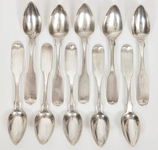 10 Coin Silver Fiddle Back Spoons By P. Miller