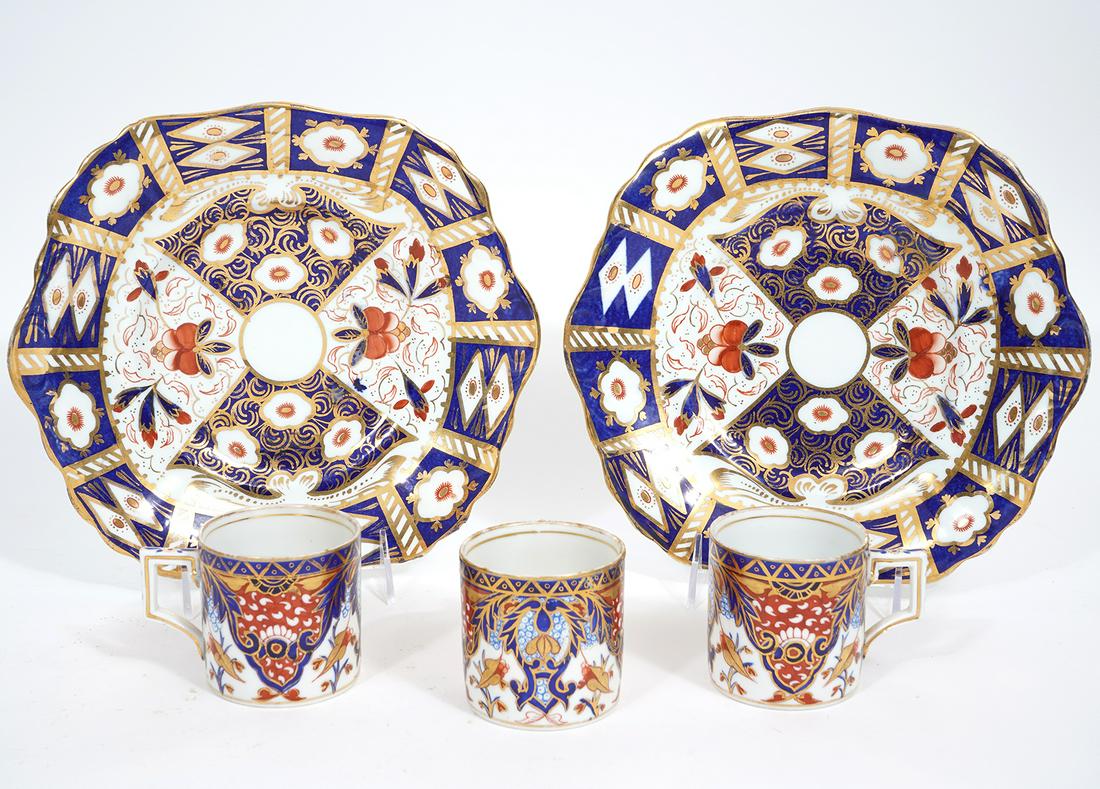 English Imari Style Three Tea Cups & Two Plates
