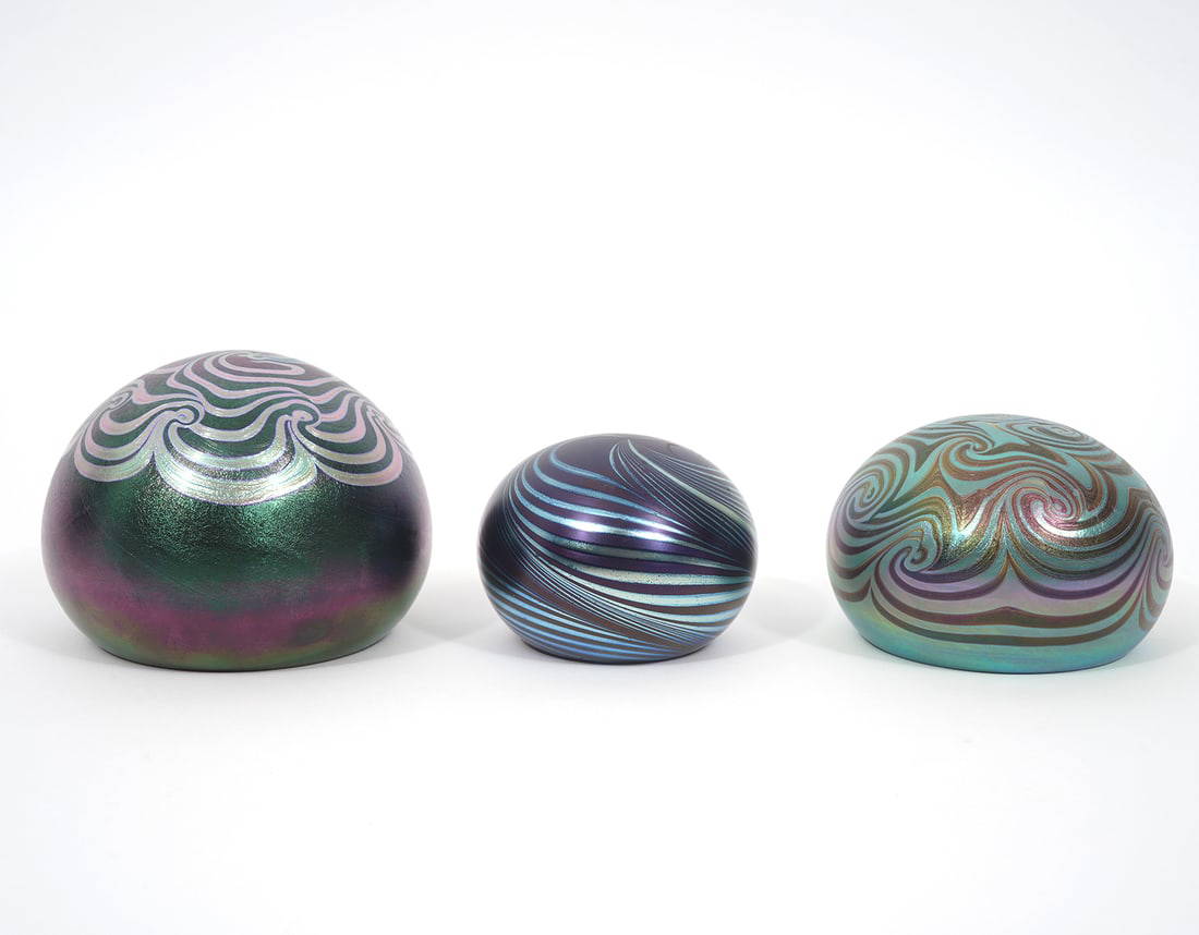 Three Iridescent Paperweights Signed Auction
