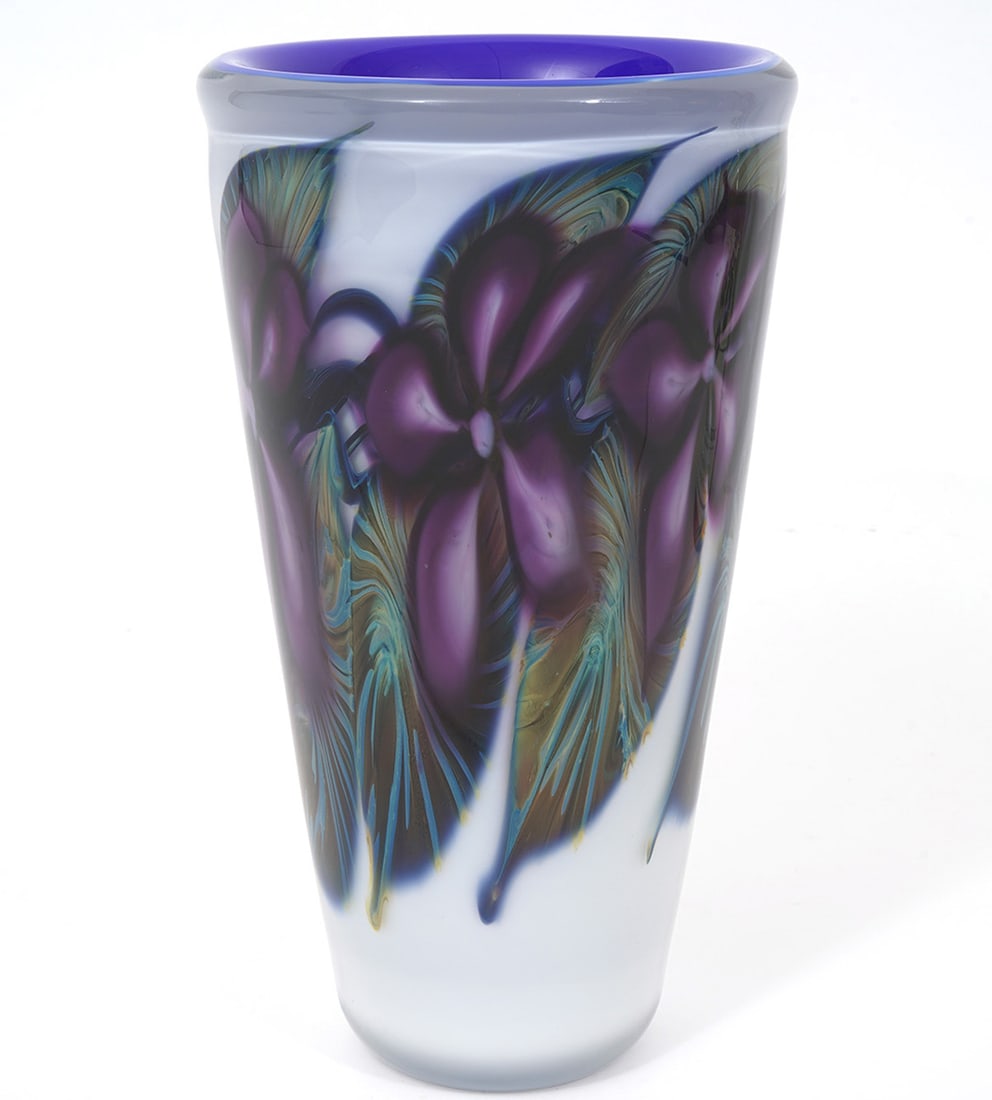 David Lotton 'purple Clematis' Art Glass Vase Auction