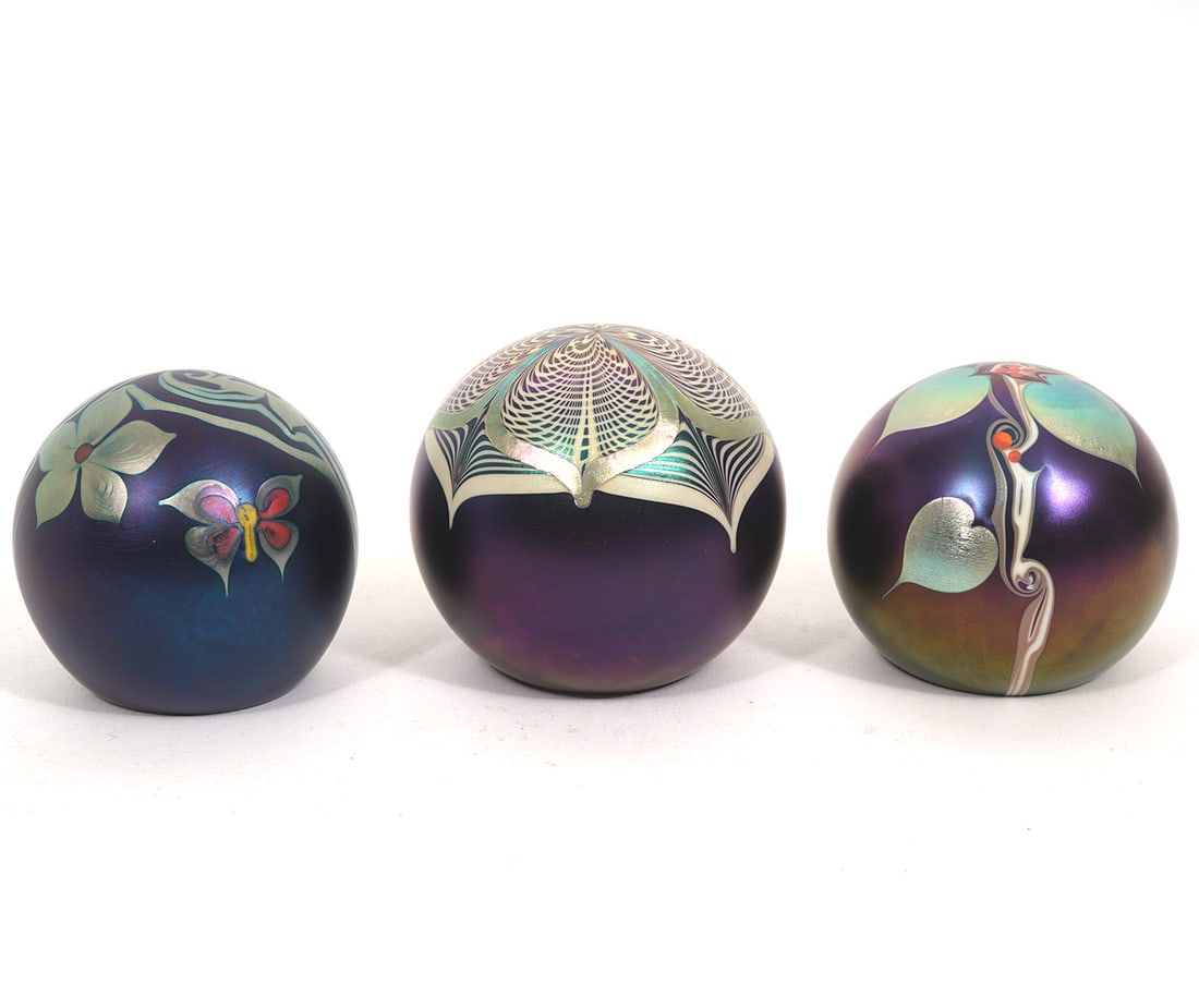 Three Dark Purple Iridescent Paperweights Signed Auction