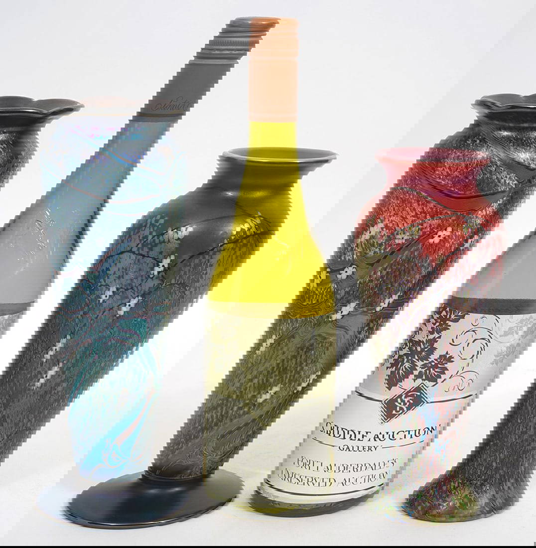 Two Okra Studio Art Glass Floral Motif Vases Auction