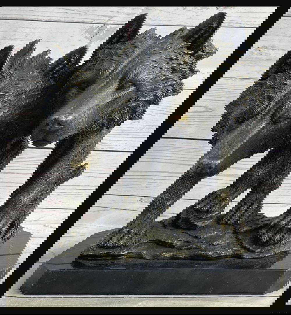 Williams, Dual Wolf Bust, (two Wolves), Bronze Sculpture On Marble Base ...