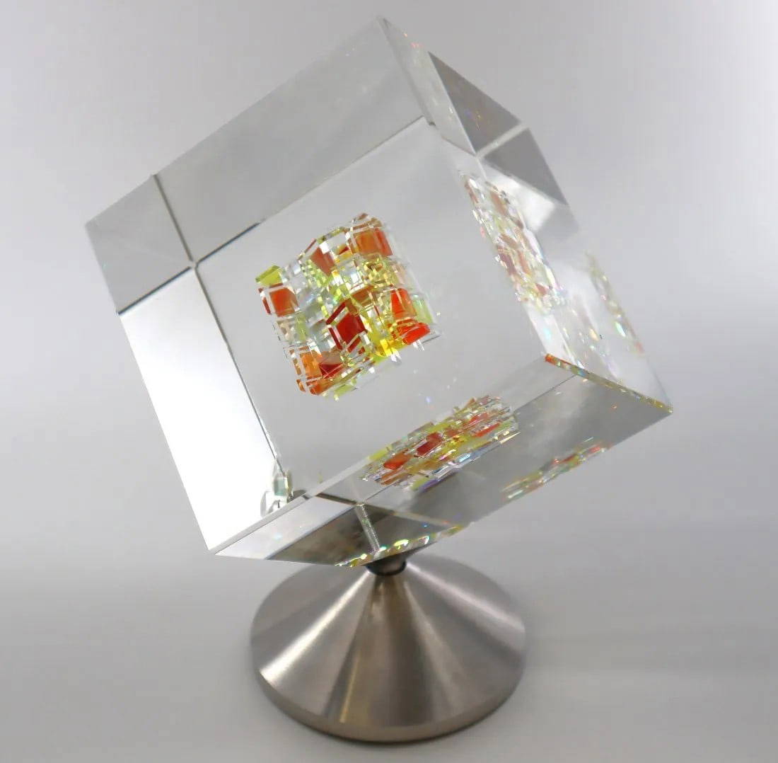 Jon Kuhn (american, B. 1949), 'golden Sun 2024' 5 Layers Glass Art Cube Sculpture, Rotating Base ...