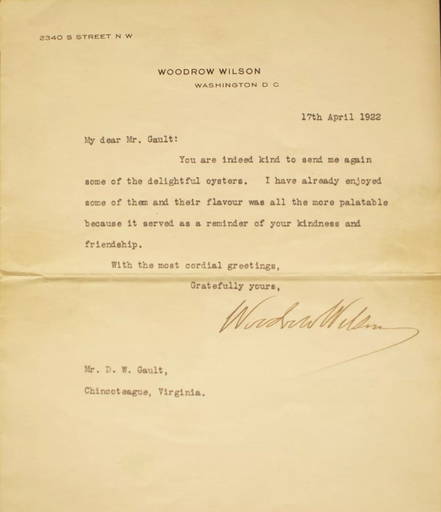 U.s. President Woodrow Wilson, Hand Signed Letter, 1922