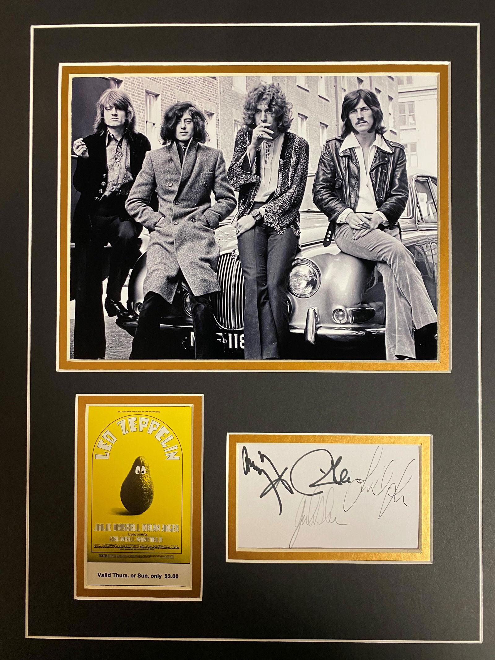 Led Zeppelin Autograph Display With Original Event Ticket