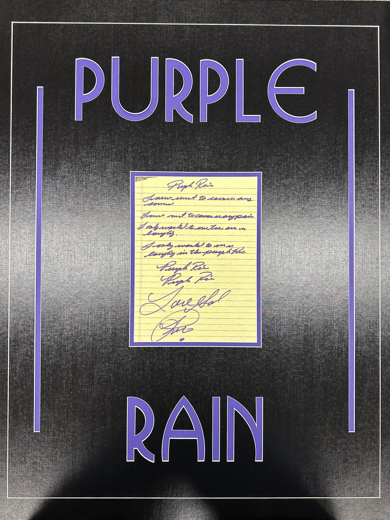 Prince Purple Rain Hand Written Lyrics Display