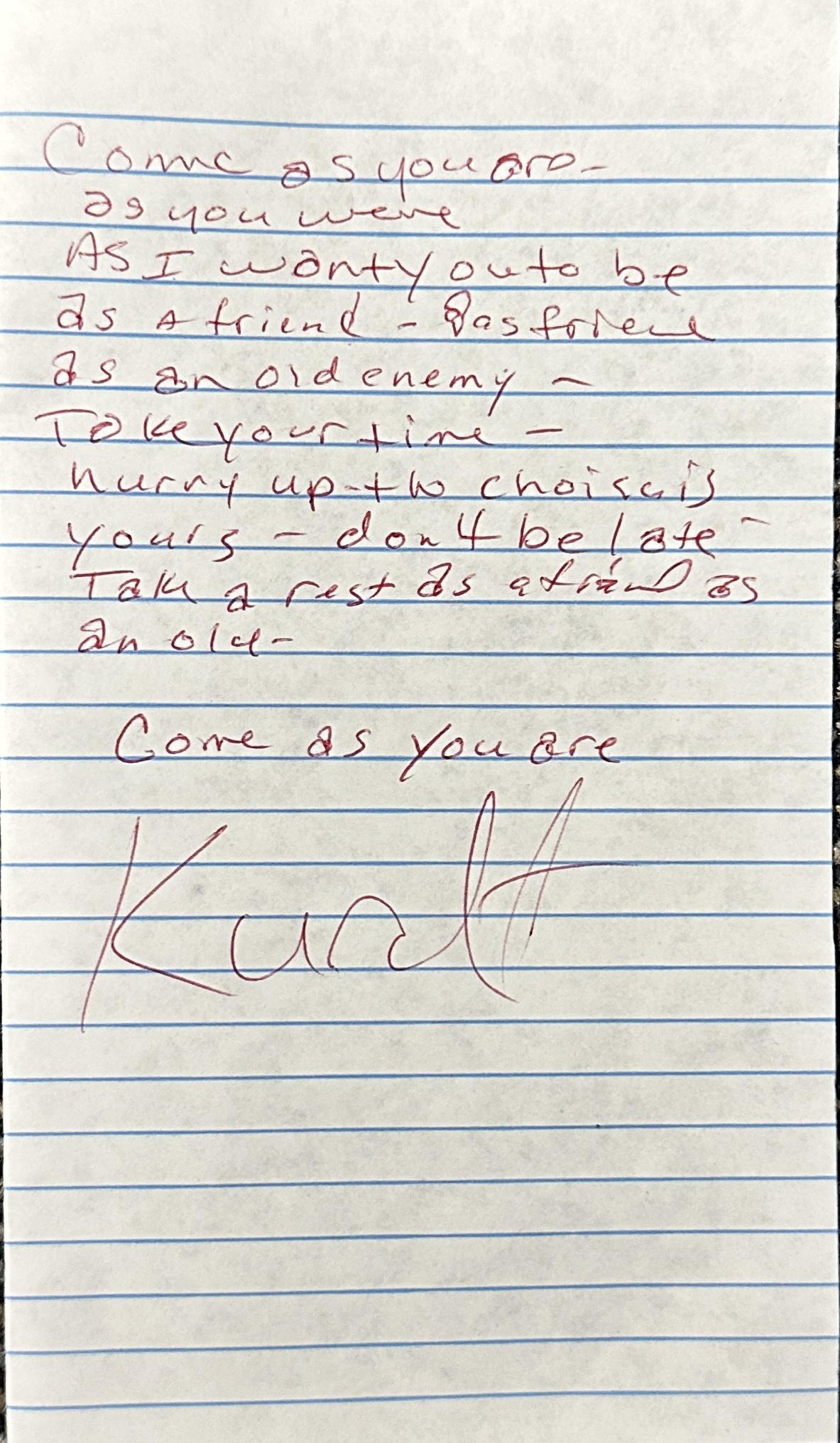 Kurt Cobain Autographed Handwritten Lyric