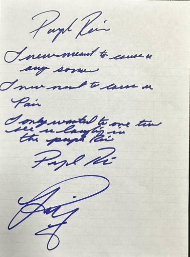 Prince Autographed Handwritten Purple Rain Lyrics