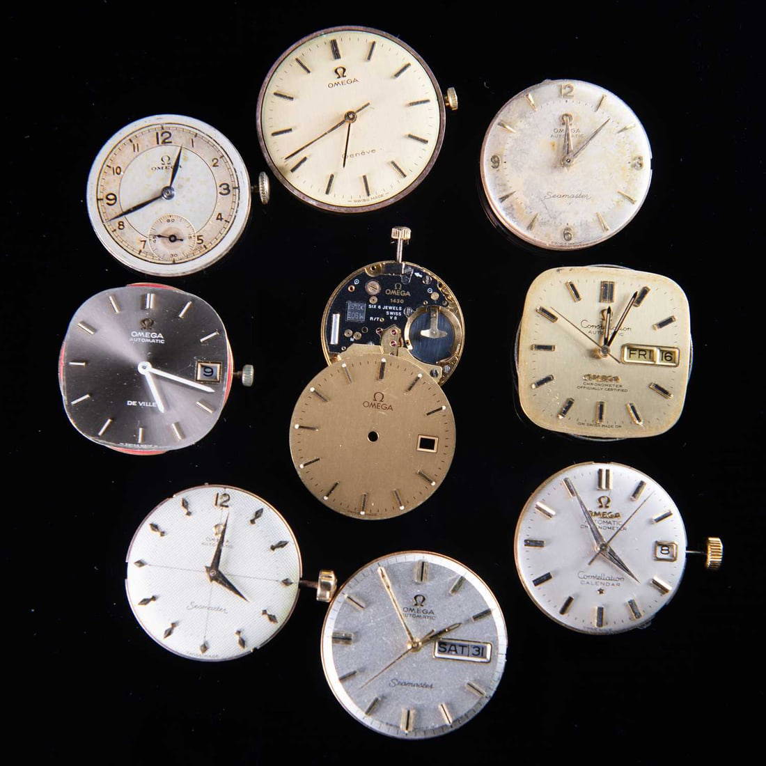 Nine Omega Watch Movements With Dials And Hands Auction