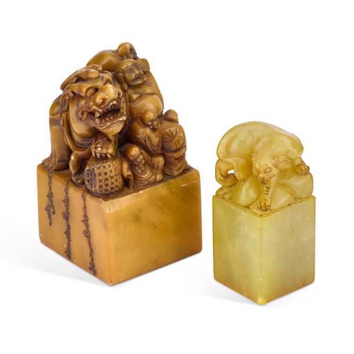 Two Large Chinese Carved Hardstone Table Seals