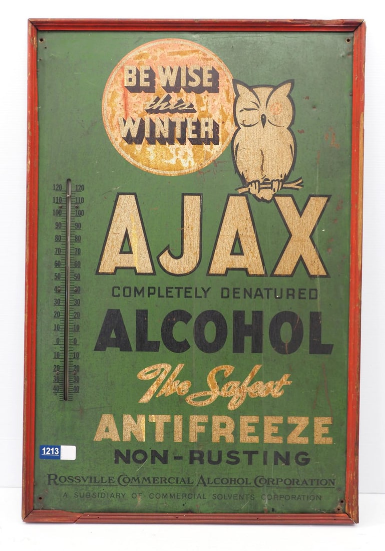 Ajax Alcohol Antifreeze Sign With Thermometer Auction
