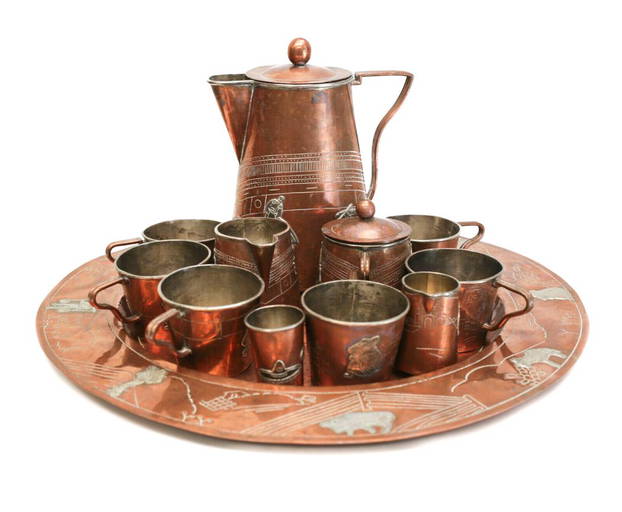 Taxco Mexico Mixed Metal Silver & Copper Tea Service