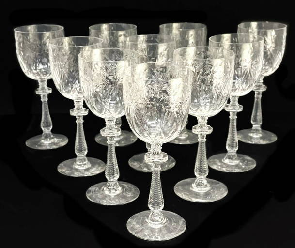 10 Cut Glass Water Goblets Etched Leaves And Flowers