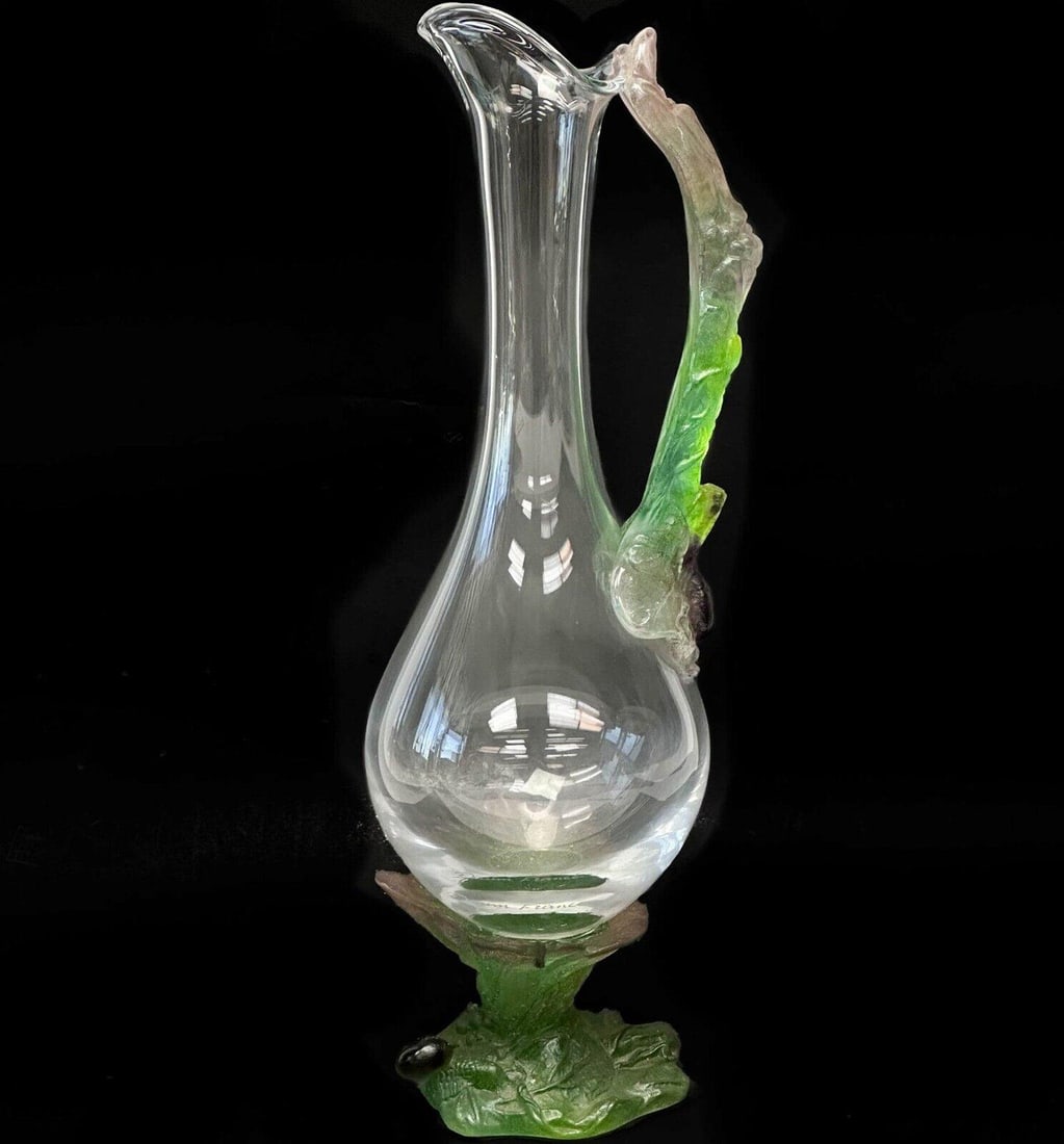 Daum France Art Glass Pitcher Green & Purple Pate De Verre Leaves ...