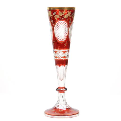 Trumpet Vase, Bohemian, Ruby Overlay Art Glass