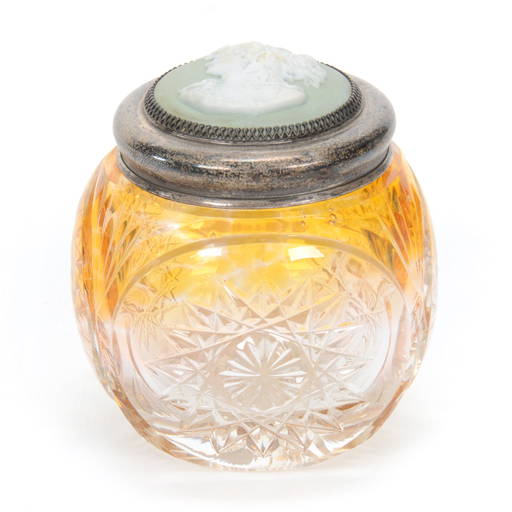 Covered Jar, Amber Shading To Clear Cut Glass