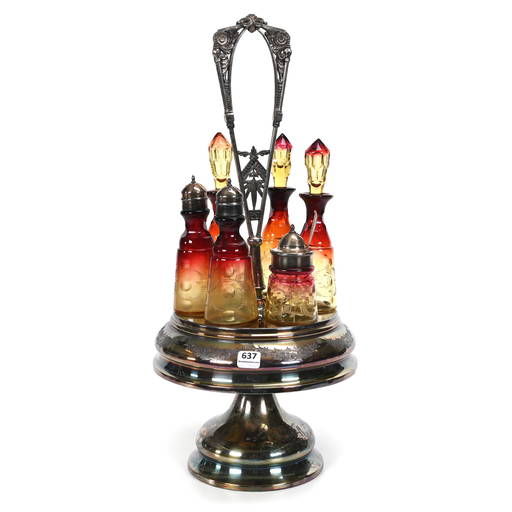 Victorian Castor Set, Six Rare Amberina Bottles