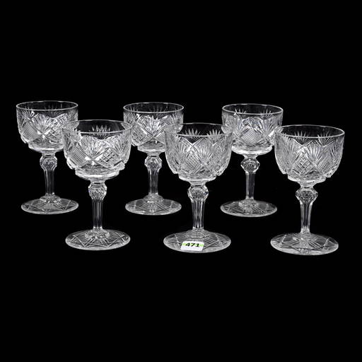 (6) Wine Stems, American Brilliant Cut Glass, Harvard Pattern By Libbey