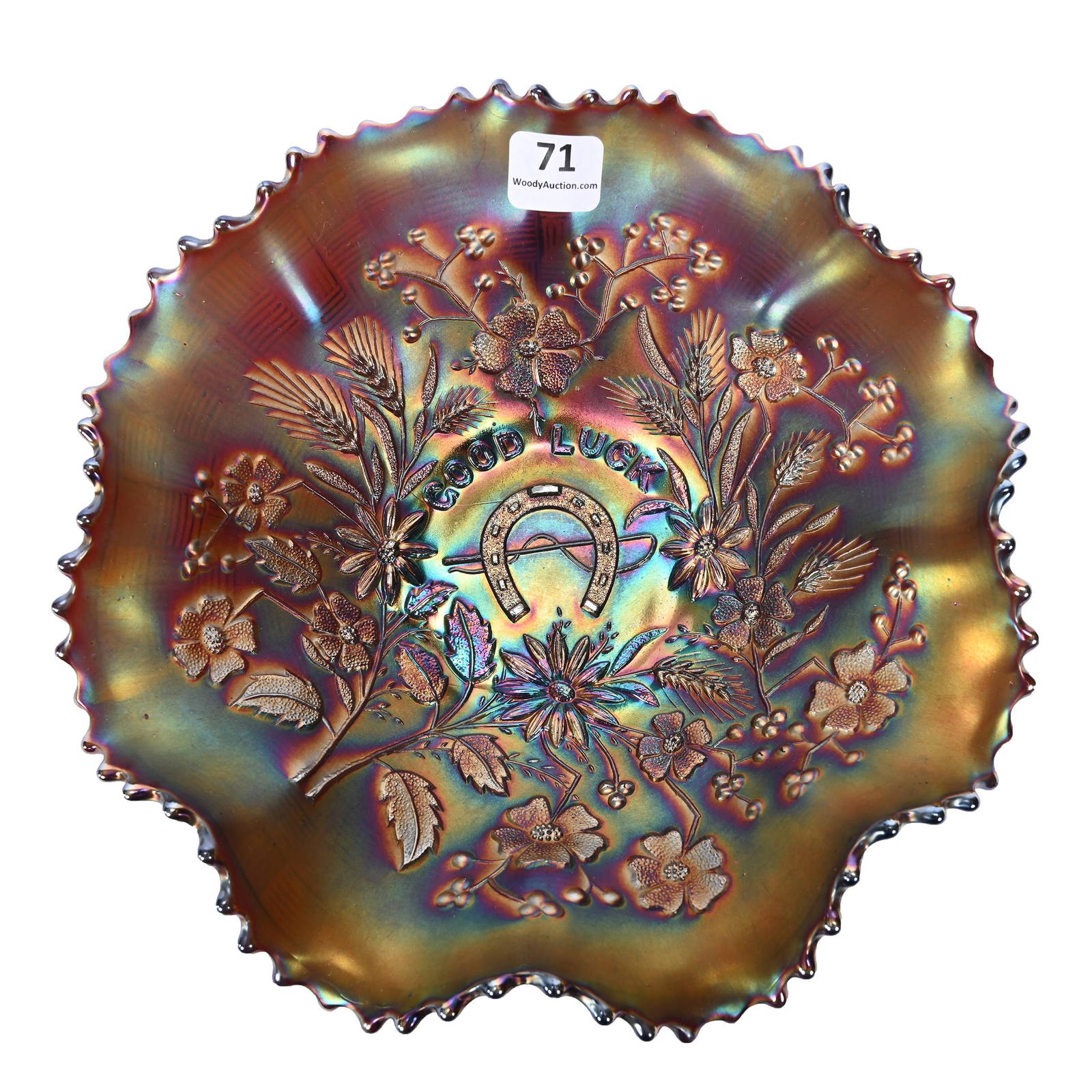 Bowl, Carnival Glass, Good Luck, Amethyst Auction