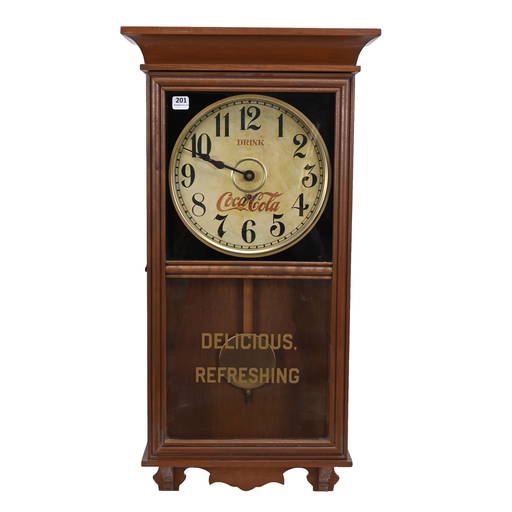 1970's Coca Cola Wood Clock With Pendulum, Reproduction