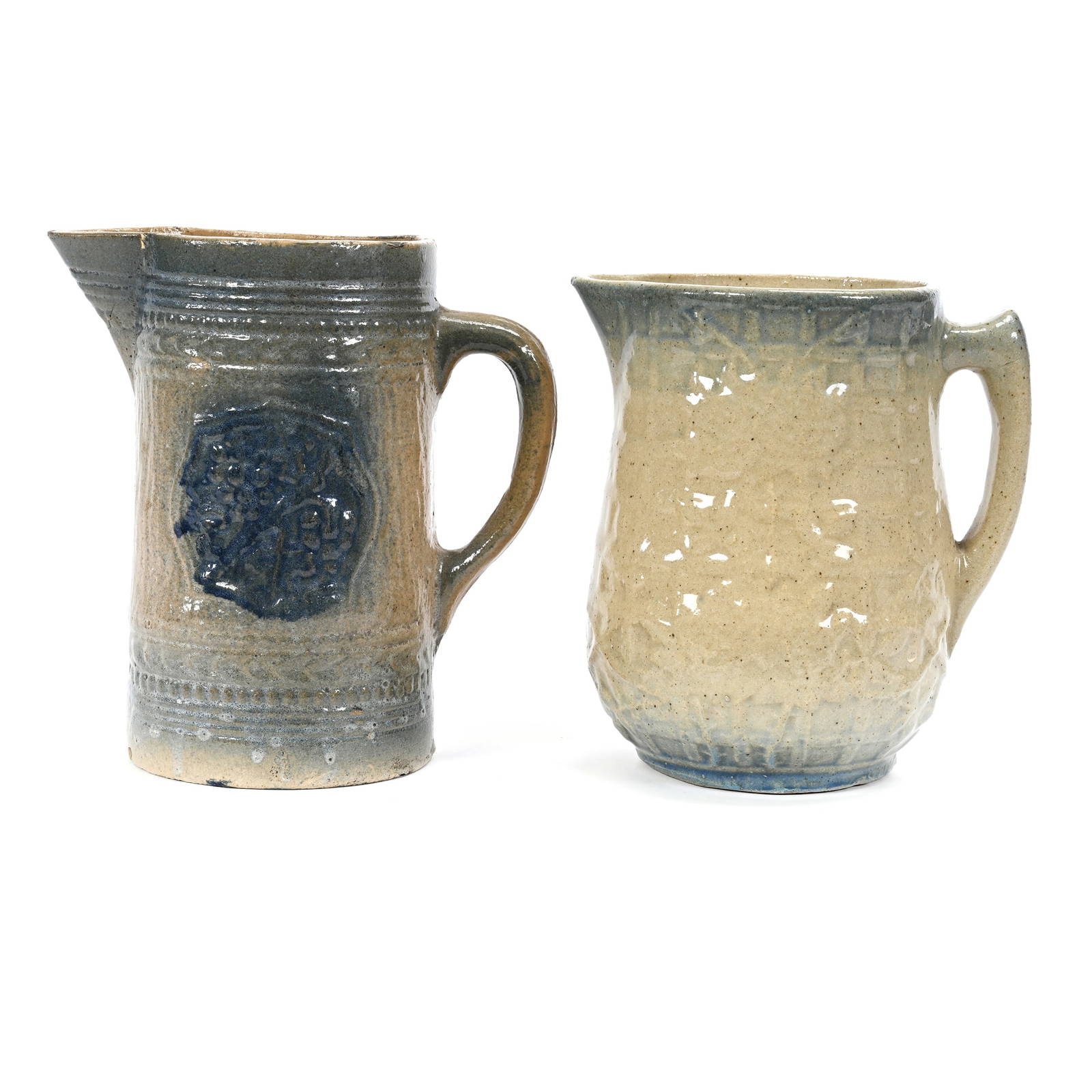 (2) Pitchers, Gray And Blue Stoneware Auction