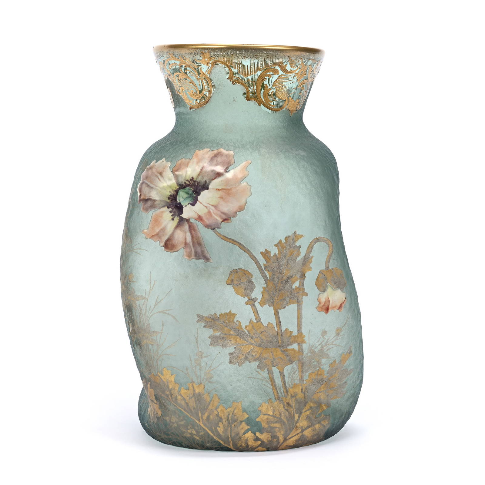 Vase, Unmarked Mt. Joye/moser Art Glass, Green Acid Cut With Enamel ...