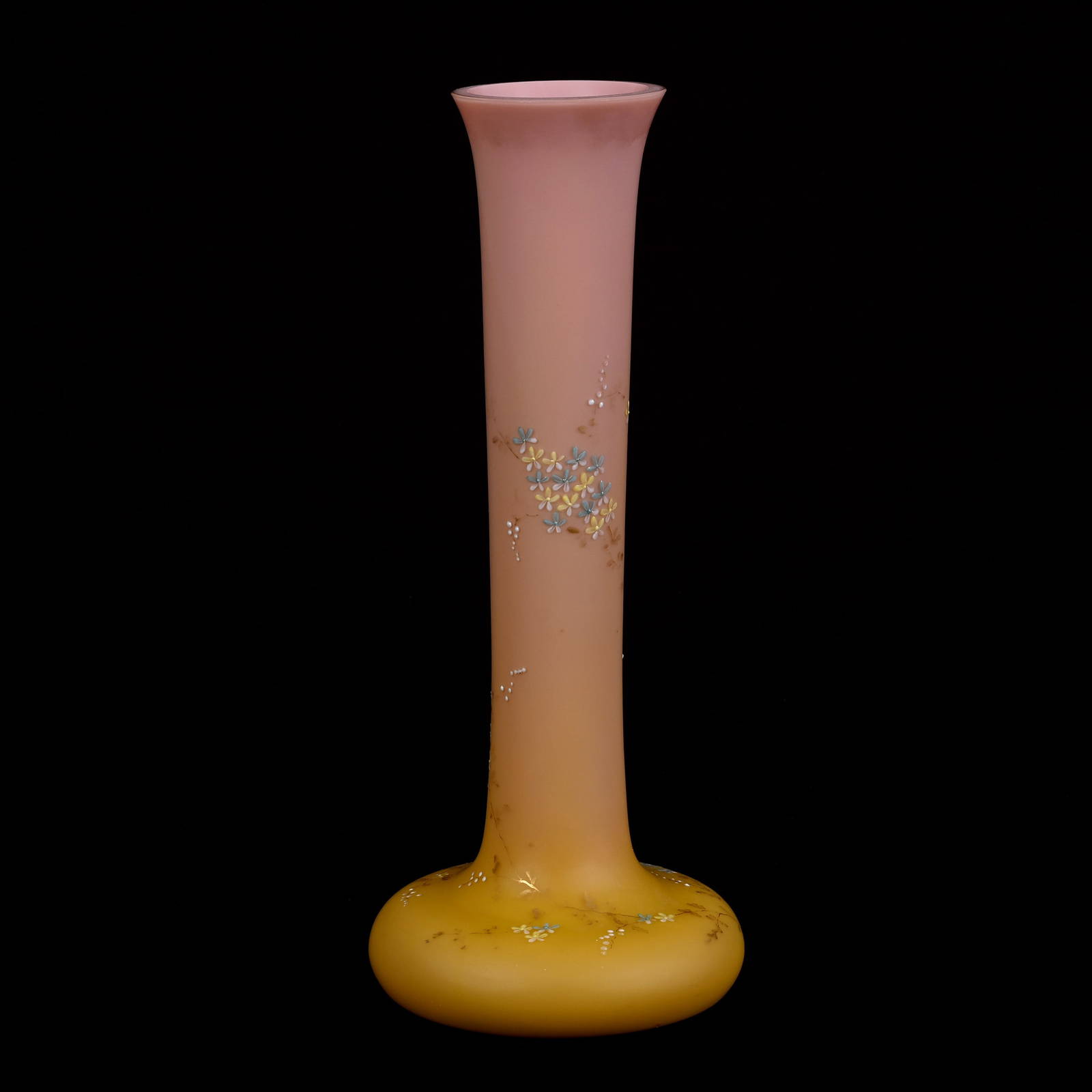 Vase, Pink Shading To Yellow Satin Art Glass, Enamel Floral Decor Auction