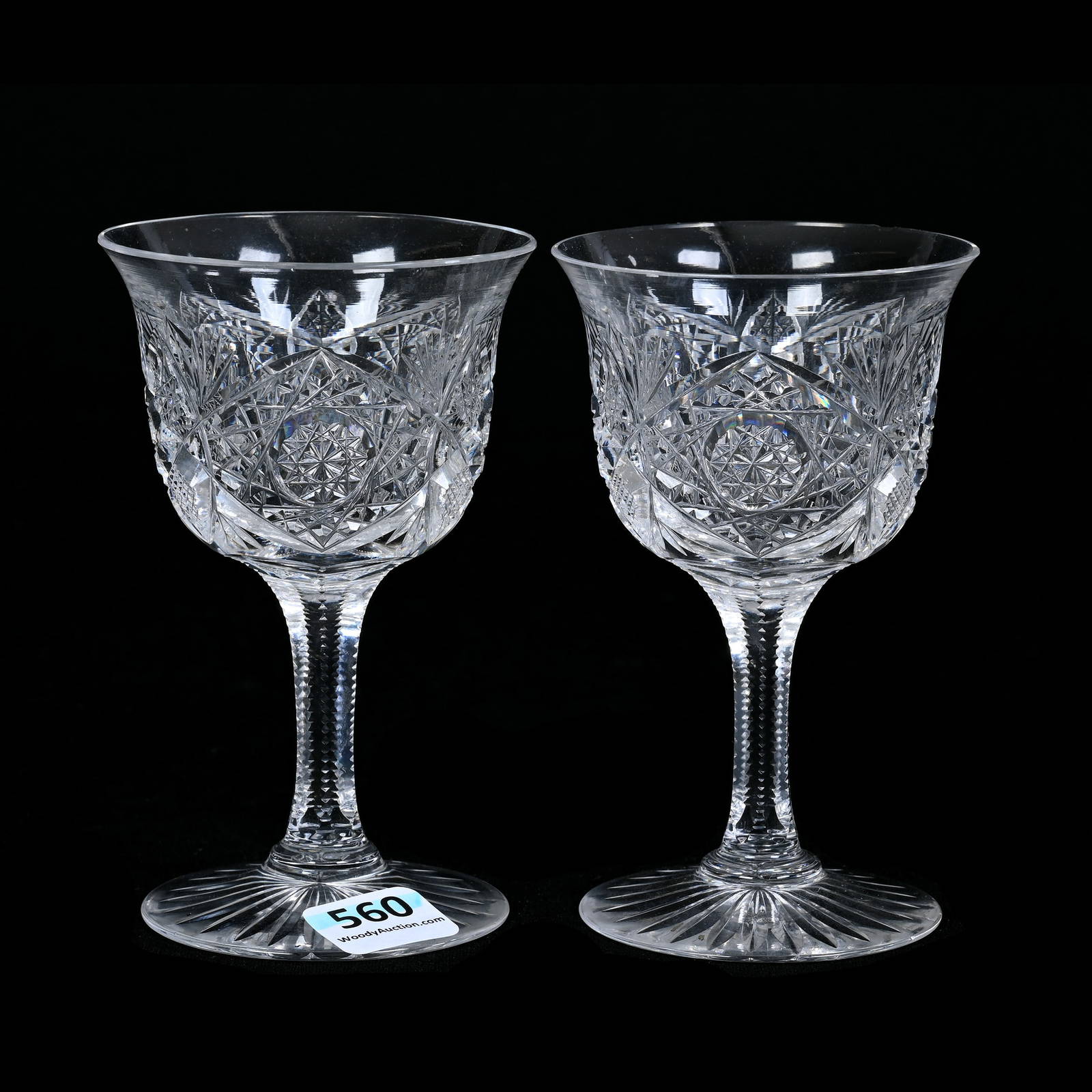 Pair Wine Stems, American Brilliant Cut Glass, Signed J. Hoare Monarch ...