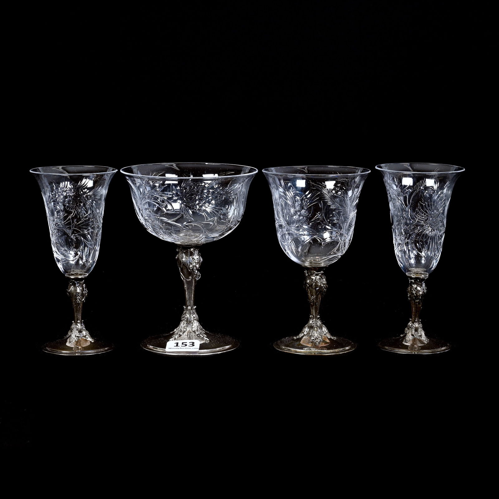 (4) Stems, Cut Glass, Signed Sinclaire With Sterling Silver Foot & Stem ...