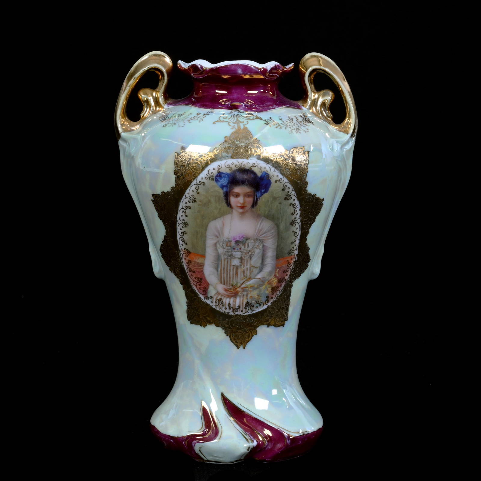 Vase, Two Handles, Marked Prov Saxe, Green Luster Finish, Burgundy Borders Auction