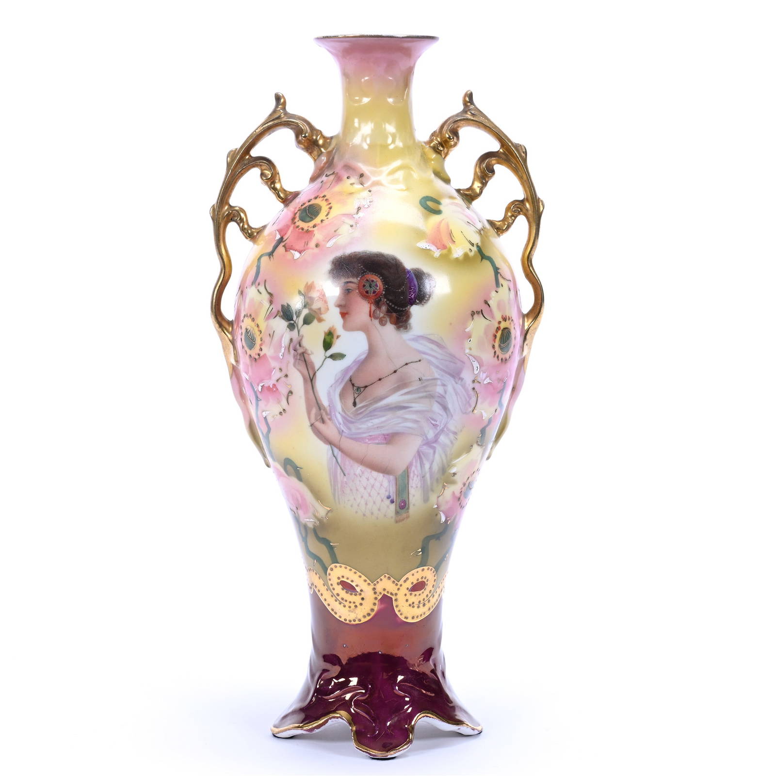 Vase, Two Handles, Marked Prov Saxe, Pink And Yellow Ground Auction