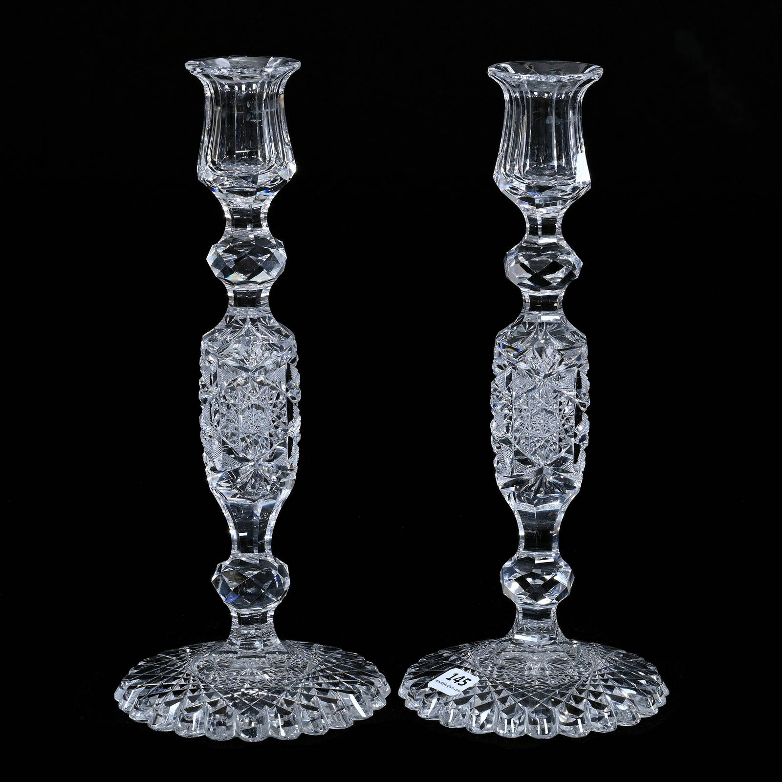 Pair Candlesticks, American Brilliant Cut Glass, Hobstar, Strawberry ...