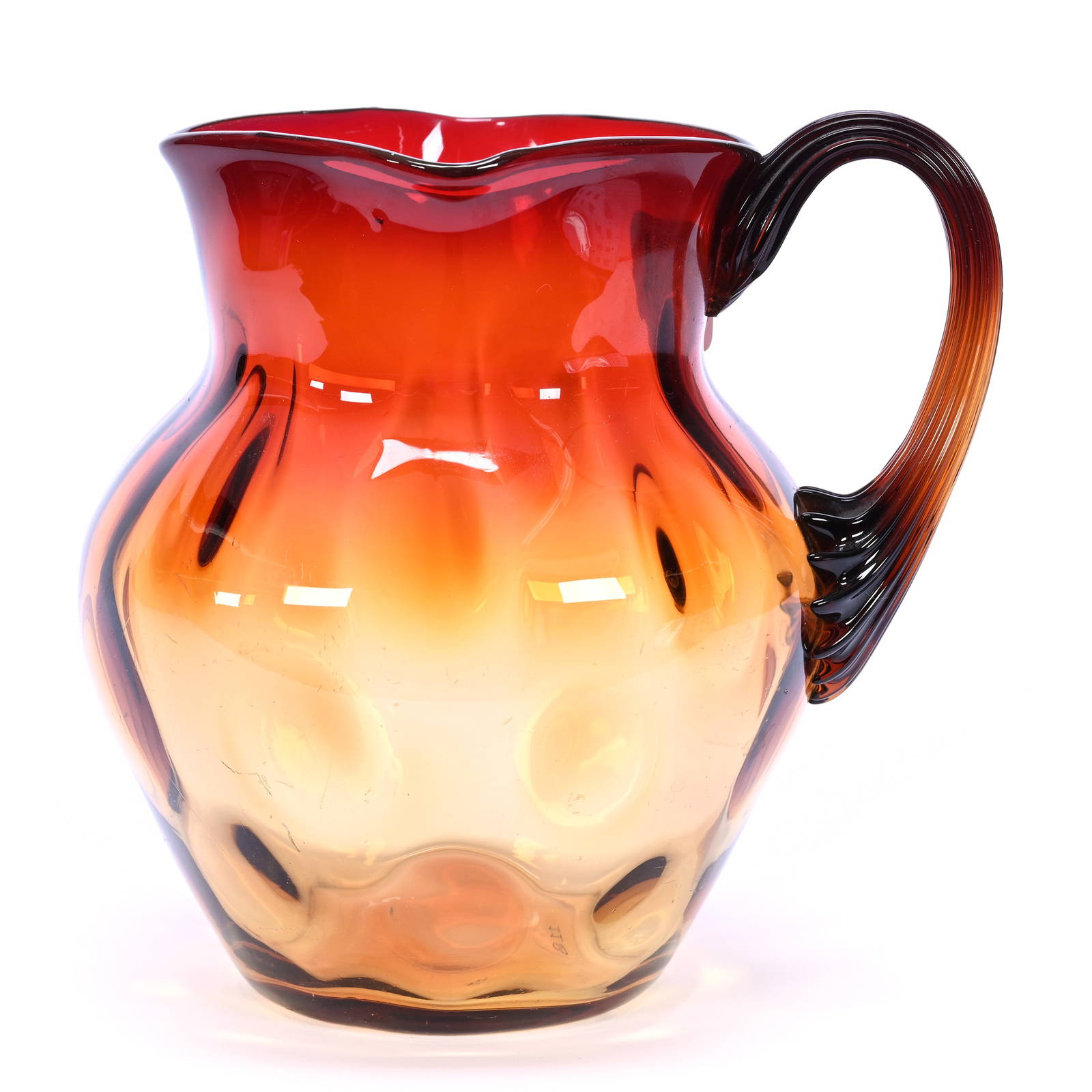 Pitcher, Amberina Art Glass, Coin Spot, Square Top And Applied Ribbed ...