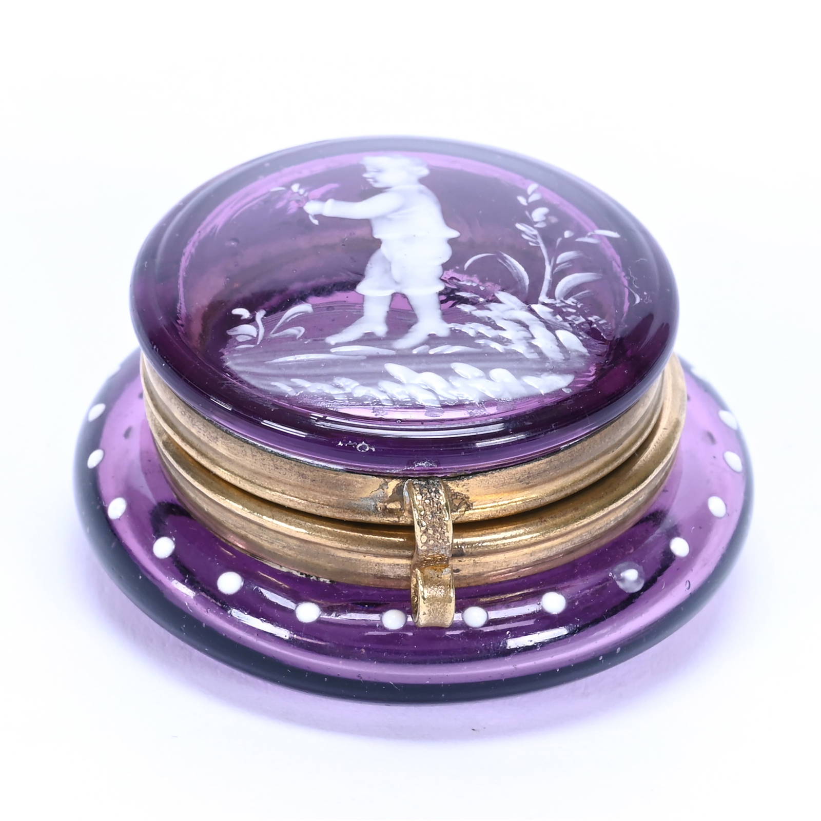 Pill Box, Amethyst Art Glass With Mary Gregory Decor Of Young Boy With ...