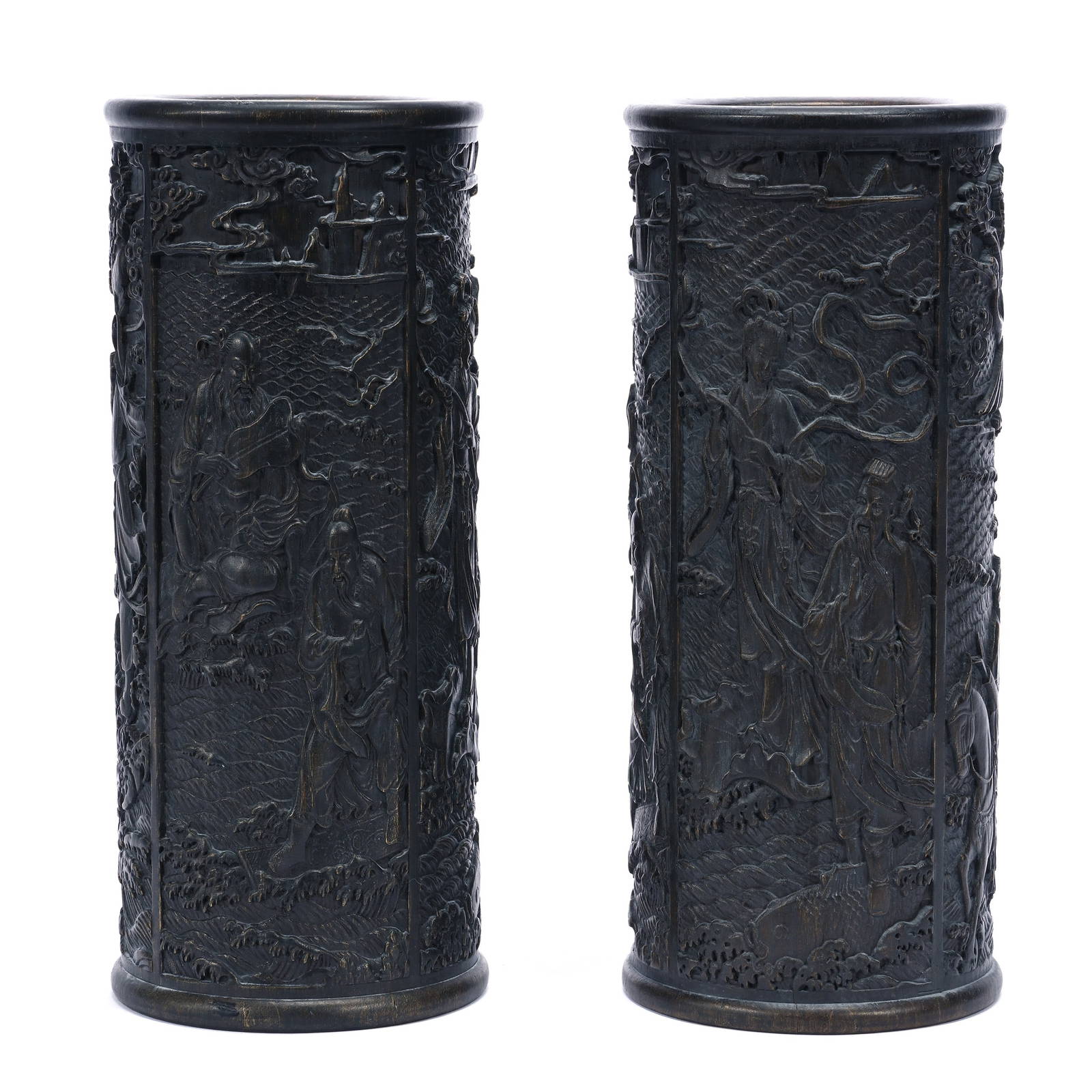 Two Brush Pots, Cylindrical, Each Pot Features Eight Immortals Of ...