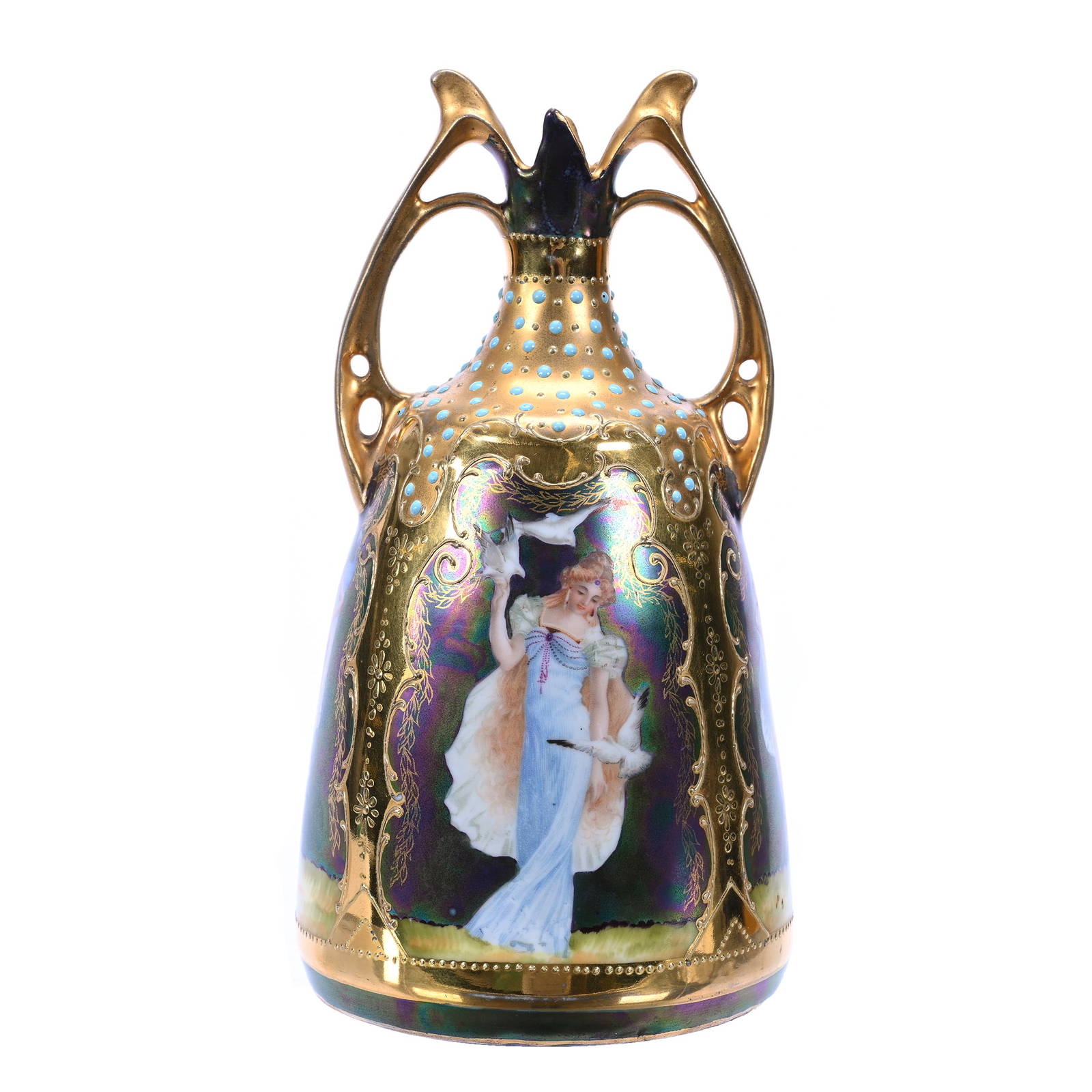 Vase, Two Handles, Marked Prov Saxe, Iridescent Tiffany Ground Auction