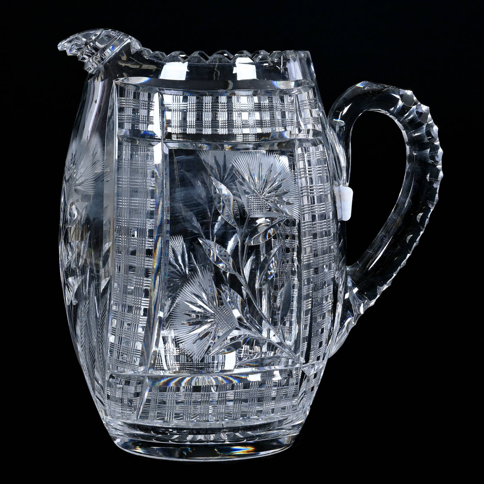 Barrel Pitcher, American Brilliant Cut Glass, Engraved Floral With ...