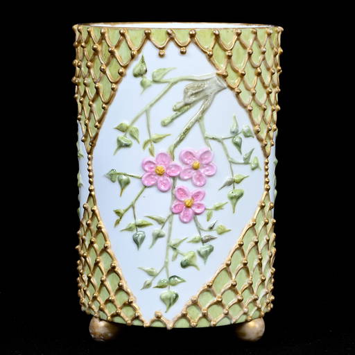 Footed Cylinder Vase, Marked Lotus Ware, Embossed Branch And Blossom ...