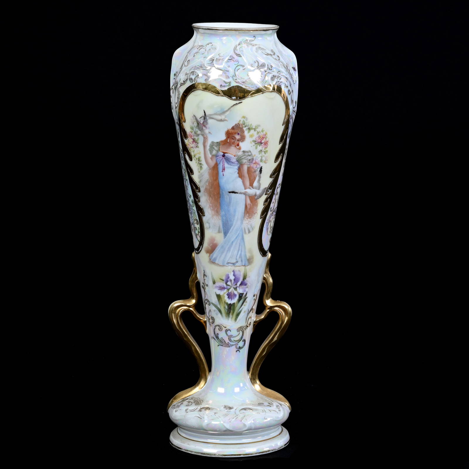 Vase, Two Handles, Marked Prov Saxe, White Iridescent Luster Ground Auction
